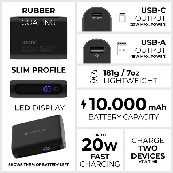 Rolling Square 10,000mAh Power Bank | USB-A + USB-C ports | Output 20W ...